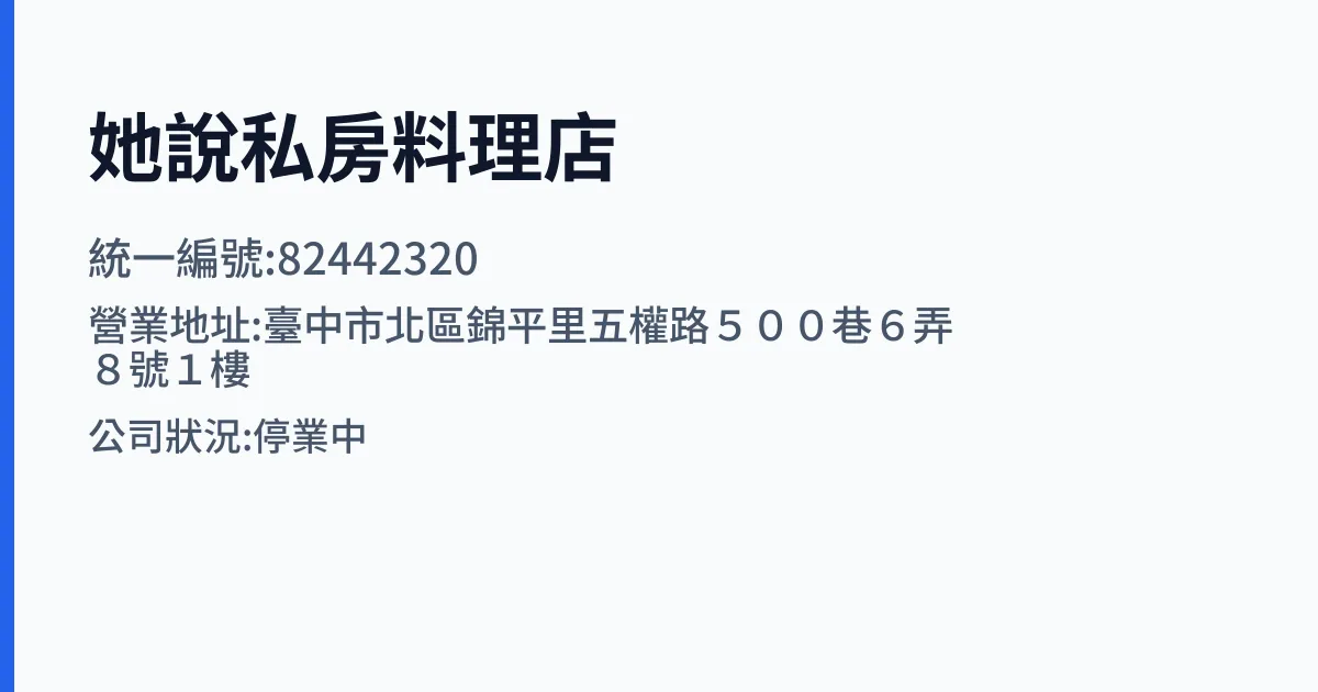 她說私房料理店 - 統編 82442320(臺中市) 公司登記資料與營業項目詳細圖表