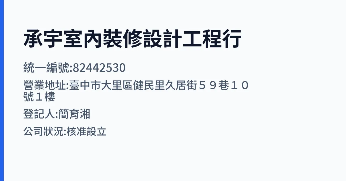 承宇室內裝修設計工程行 - 統編 82442530(臺中市) 公司登記資料與營業項目詳細圖表