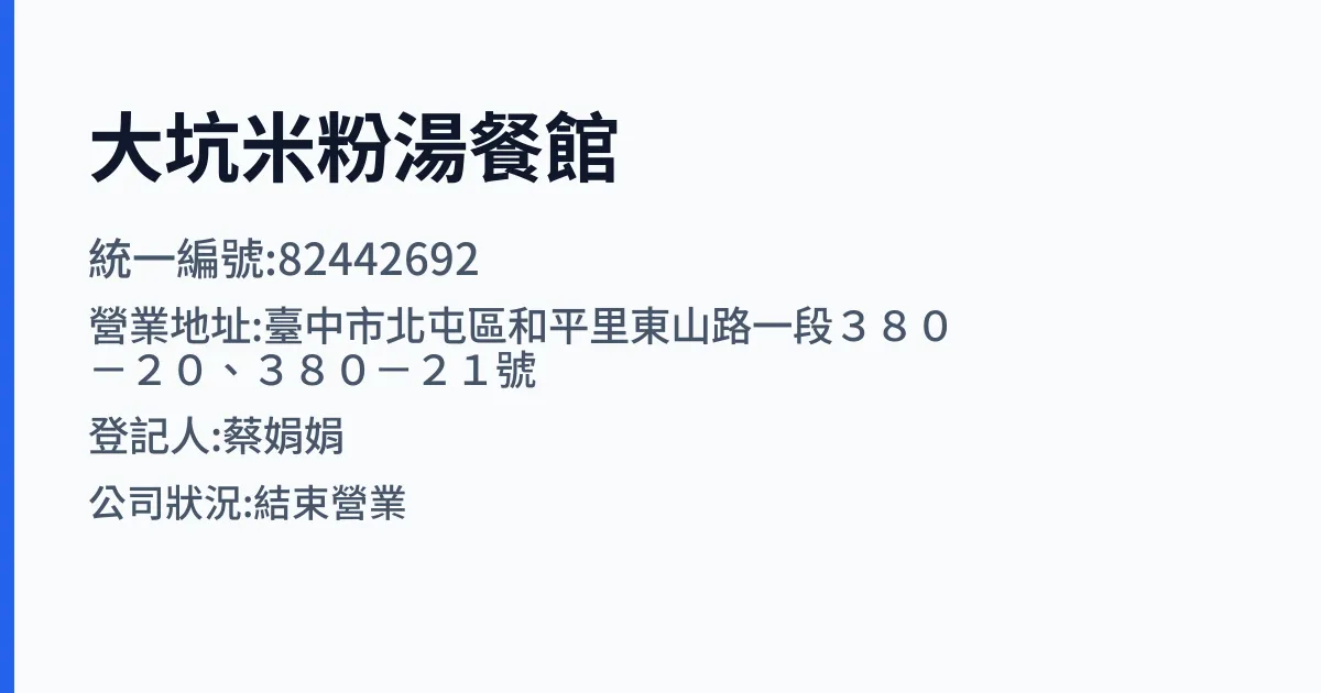 大坑米粉湯餐館 - 統編 82442692(臺中市) 公司登記資料與營業項目詳細圖表