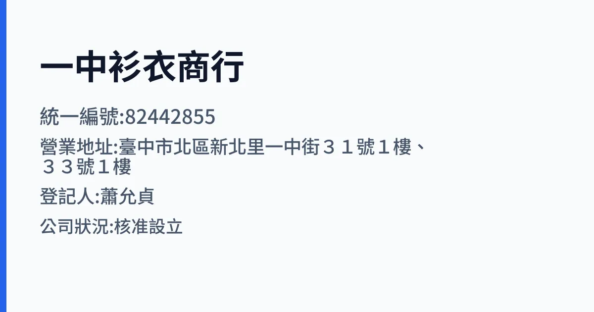 一中衫衣商行 - 統編 82442855(臺中市) 公司登記資料與營業項目詳細圖表