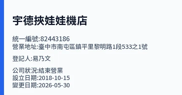 宇德挾娃娃機店的照片-統編 82443186(臺中市) 公司登記資料與營業項目詳細圖表