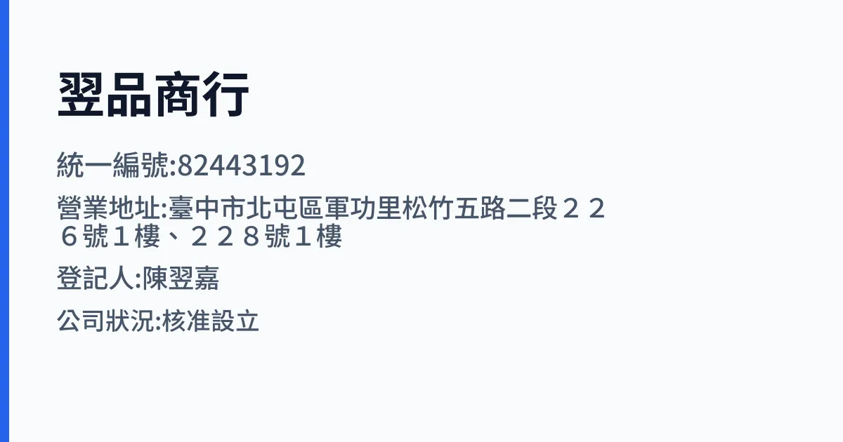 翌品商行 - 統編 82443192(臺中市) 公司登記資料與營業項目詳細圖表