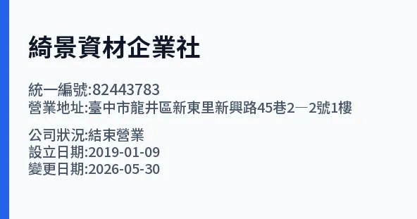 綺景資材企業社的照片-統編 82443783(臺中市) 公司登記資料與營業項目詳細圖表