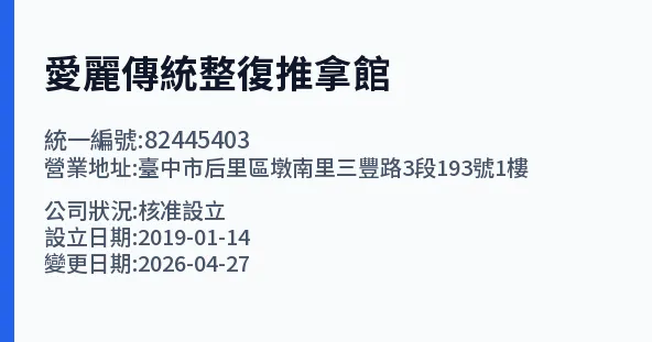 愛麗傳統整復推拿館的照片-統編 82445403(臺中市) 公司登記資料與營業項目詳細圖表