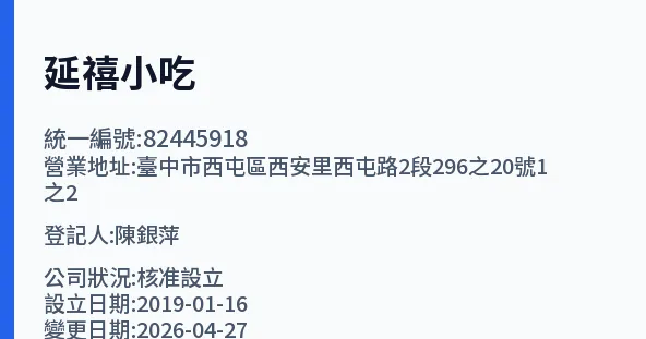 延禧小吃的照片-統編 82445918(臺中市) 公司登記資料與營業項目詳細圖表