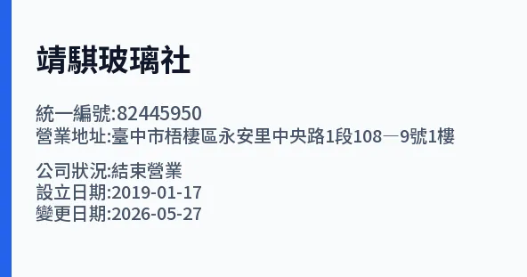 靖騏玻璃社的照片-統編 82445950(臺中市) 公司登記資料與營業項目詳細圖表