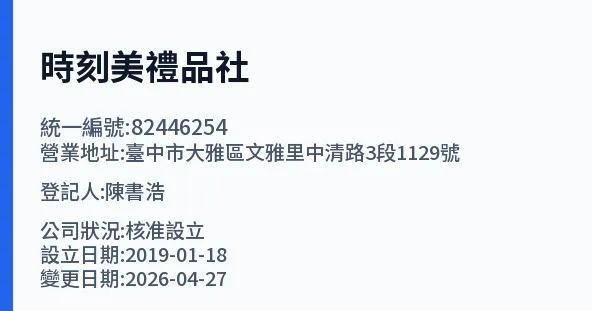 時刻美禮品社的照片-統編 82446254(臺中市) 公司登記資料與營業項目詳細圖表