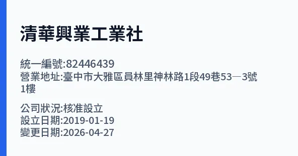 清華興業工業社的照片-統編 82446439(臺中市) 公司登記資料與營業項目詳細圖表