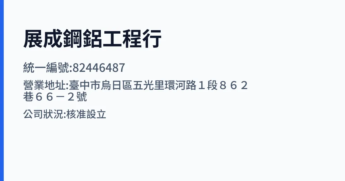展成鋼鋁工程行 - 統編 82446487（臺中市） 公司登記資料與營業項目詳細圖表