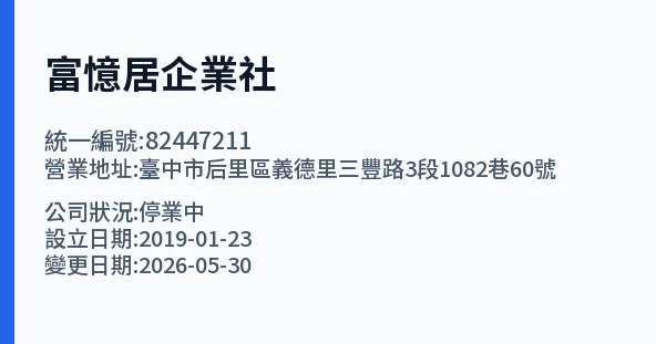 富憶居企業社的照片-統編 82447211(臺中市) 公司登記資料與營業項目詳細圖表