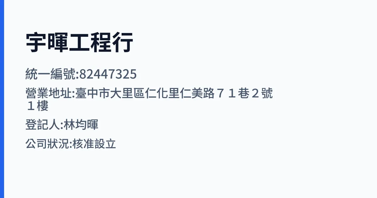 宇暉工程行 - 統編 82447325(臺中市) 公司登記資料與營業項目詳細圖表