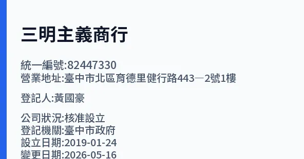 三明主義商行的照片-統編 82447330(臺中市) 公司登記資料與營業項目詳細圖表