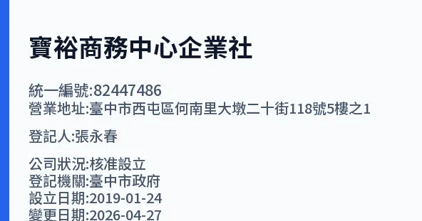 寶裕商務中心企業社的照片-統編 82447486(臺中市) 公司登記資料與營業項目詳細圖表