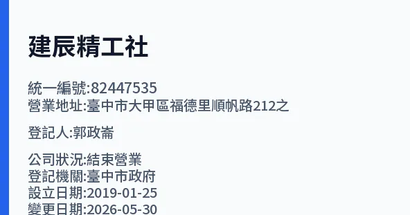 建辰精工社的照片-統編 82447535(臺中市) 公司登記資料與營業項目詳細圖表