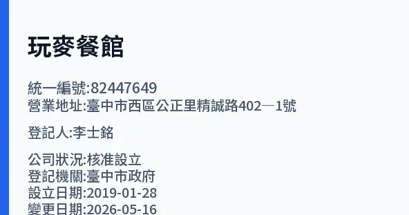 玩麥餐館的照片-統編 82447649(臺中市) 公司登記資料與營業項目詳細圖表