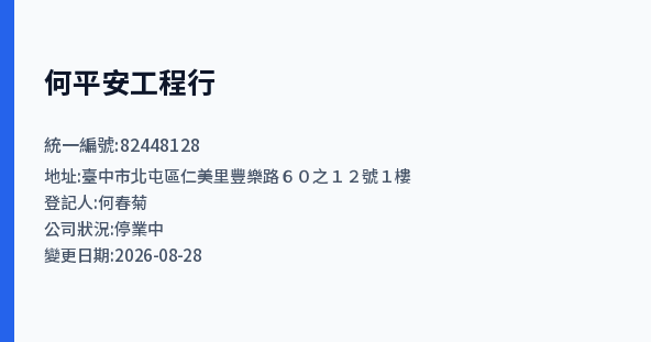 何平安工程行的照片-統編 82448128(臺中市) 公司登記資料與營業項目詳細圖表