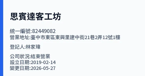 思賓達客工坊的照片-統編 82449082(臺中市) 公司登記資料與營業項目詳細圖表