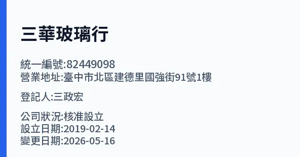三華玻璃行的照片-統編 82449098(臺中市) 公司登記資料與營業項目詳細圖表