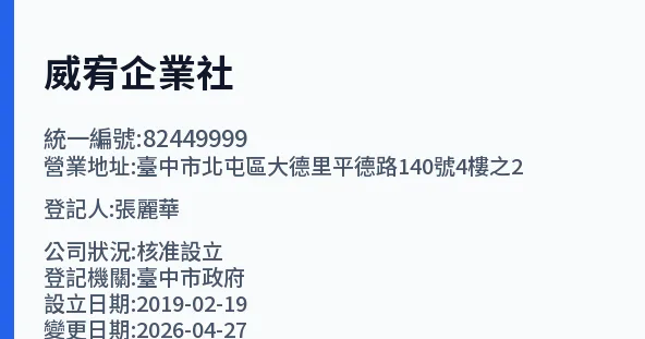 威宥企業社的照片-統編 82449999(臺中市) 公司登記資料與營業項目詳細圖表