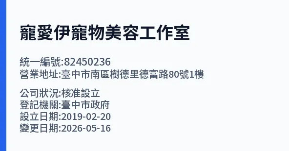 寵愛伊寵物美容工作室的照片-統編 82450236(臺中市) 公司登記資料與營業項目詳細圖表