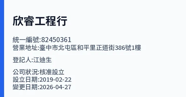欣睿工程行的照片-統編 82450361(臺中市) 公司登記資料與營業項目詳細圖表