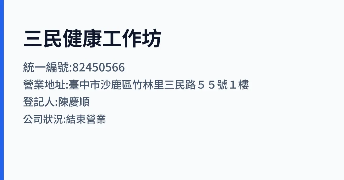 三民健康工作坊 - 統編 82450566(臺中市) 公司登記資料與營業項目詳細圖表