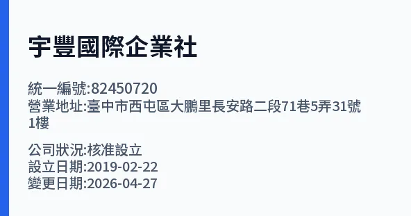 宇豐國際企業社的照片-統編 82450720(臺中市) 公司登記資料與營業項目詳細圖表