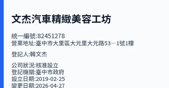 文杰汽車精緻美容工坊的照片-統編 82451278(臺中市) 公司登記資料與營業項目詳細圖表