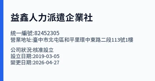 益鑫人力派遣企業社的照片-統編 82452305(臺中市) 公司登記資料與營業項目詳細圖表