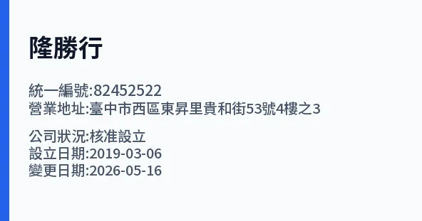 隆勝行的照片-統編 82452522(臺中市) 公司登記資料與營業項目詳細圖表