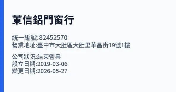 菄信鋁門窗行的照片-統編 82452570(臺中市) 公司登記資料與營業項目詳細圖表