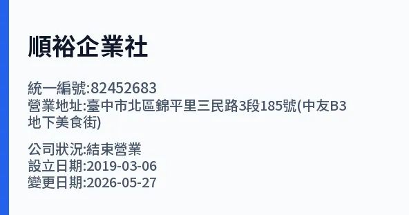 順裕企業社的照片-統編 82452683(臺中市) 公司登記資料與營業項目詳細圖表