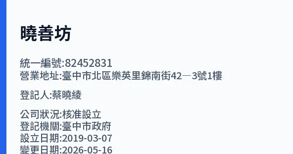 曉善坊的照片-統編 82452831(臺中市) 公司登記資料與營業項目詳細圖表