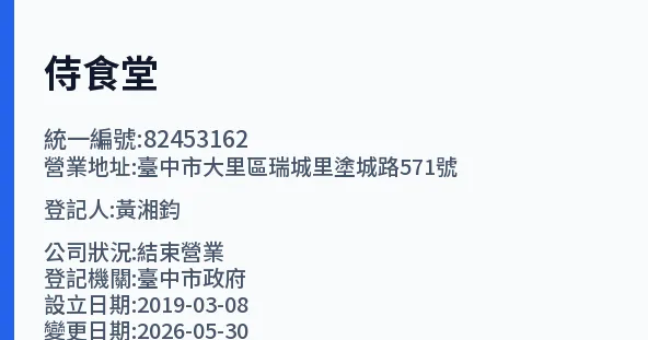 侍食堂的照片-統編 82453162(臺中市) 公司登記資料與營業項目詳細圖表