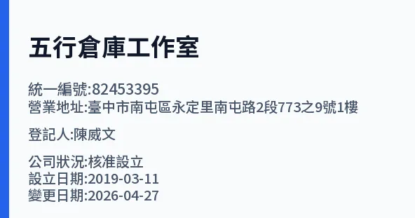五行倉庫工作室的照片-統編 82453395(臺中市) 公司登記資料與營業項目詳細圖表