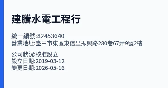 建騰水電工程行的照片-統編 82453640(臺中市) 公司登記資料與營業項目詳細圖表