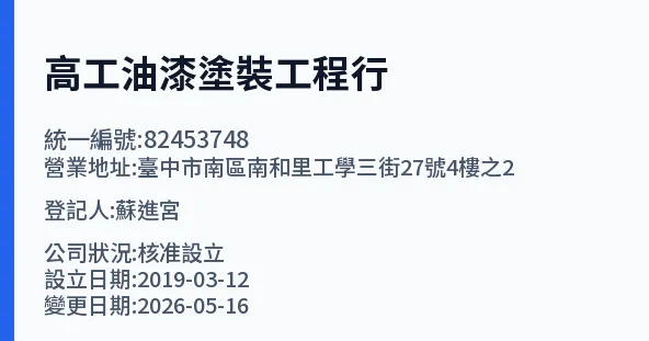 高工油漆塗裝工程行的照片-統編 82453748(臺中市) 公司登記資料與營業項目詳細圖表