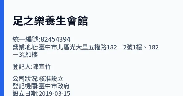 足之樂養生會館的照片-統編 82454394(臺中市) 公司登記資料與營業項目詳細圖表