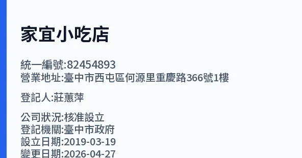 家宜小吃店的照片-統編 82454893(臺中市) 公司登記資料與營業項目詳細圖表