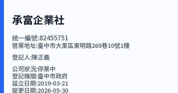 承富企業社的照片-統編 82455751(臺中市) 公司登記資料與營業項目詳細圖表