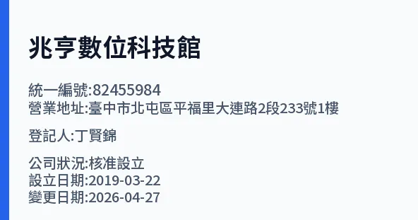 兆亨數位科技館的照片-統編 82455984(臺中市) 公司登記資料與營業項目詳細圖表