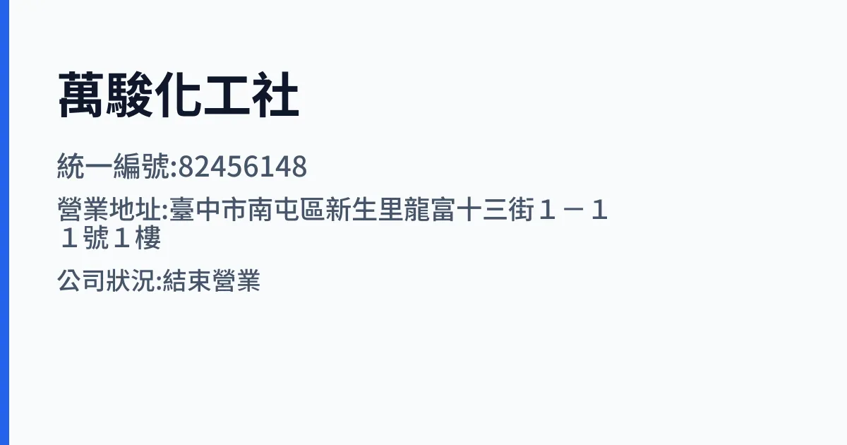 萬駿化工社 - 統編 82456148(臺中市) 公司登記資料與營業項目詳細圖表