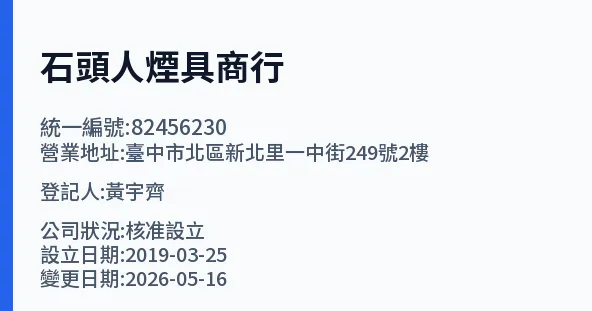 石頭人煙具商行的照片-統編 82456230(臺中市) 公司登記資料與營業項目詳細圖表