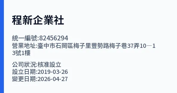 程新企業社的照片-統編 82456294(臺中市) 公司登記資料與營業項目詳細圖表