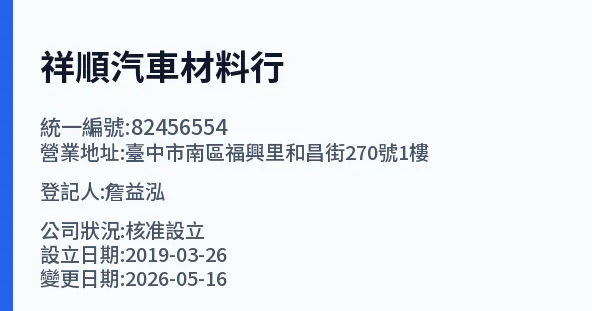 祥順汽車材料行的照片-統編 82456554(臺中市) 公司登記資料與營業項目詳細圖表