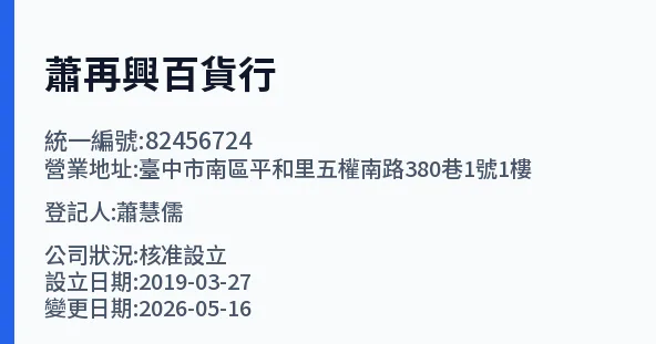 蕭再興百貨行的照片-統編 82456724(臺中市) 公司登記資料與營業項目詳細圖表