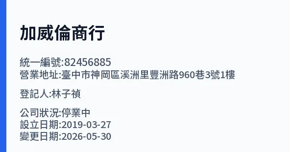 加威倫商行的照片-統編 82456885(臺中市) 公司登記資料與營業項目詳細圖表