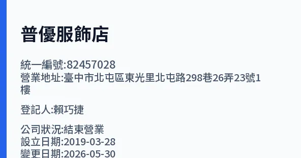 普優服飾店的照片-統編 82457028(臺中市) 公司登記資料與營業項目詳細圖表