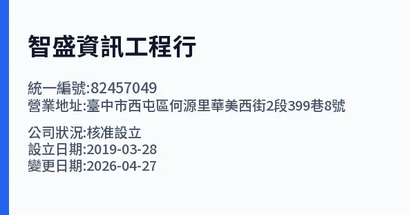 智盛資訊工程行的照片-統編 82457049(臺中市) 公司登記資料與營業項目詳細圖表
