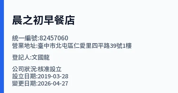 晨之初早餐店的照片-統編 82457060(臺中市) 公司登記資料與營業項目詳細圖表